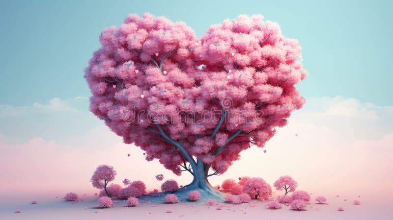 Cute Pink Heart Shaped Tree on Blue Background Stock Photo - Image of ...