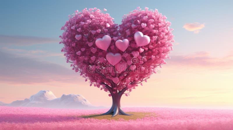 Cute Pink Heart Shaped Tree on Blue Background Stock Illustration ...