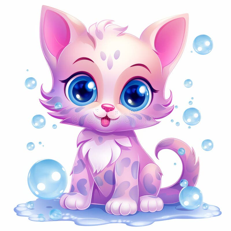 Cute Pink Kitten with Blue Eyes and Bubbles on a White Background Stock ...