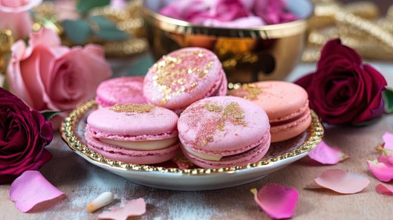Cute Pink Macaroons Raspberry Iridescent Sugar Gold Glitter with Small ...