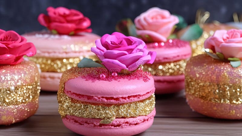Cute Pink Macaroons Raspberry Iridescent Sugar Gold Glitter with Small ...