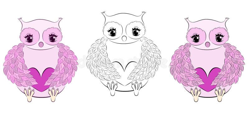 Cute pink owl with heart stock illustration. Illustration of animal ...
