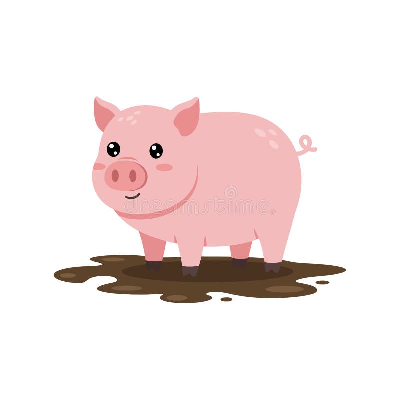 Cute Pink Pig Standing in Mud, Flat Cartoon Vector Art Stock Vector ...