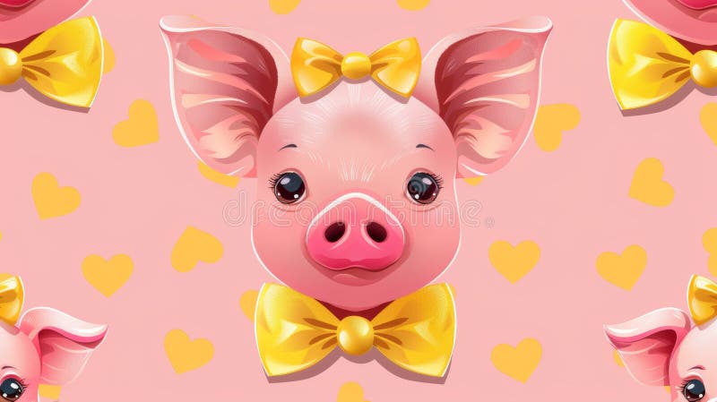 Cute Pink Pig with Yellow Bow Tie and Heart Background Seamless Pattern ...