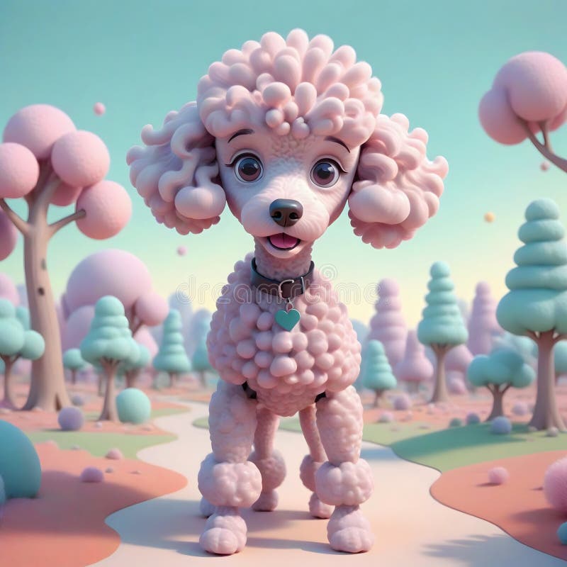 Cute Pink Poodle in Cartoon Forest Stock Illustration - Illustration of ...