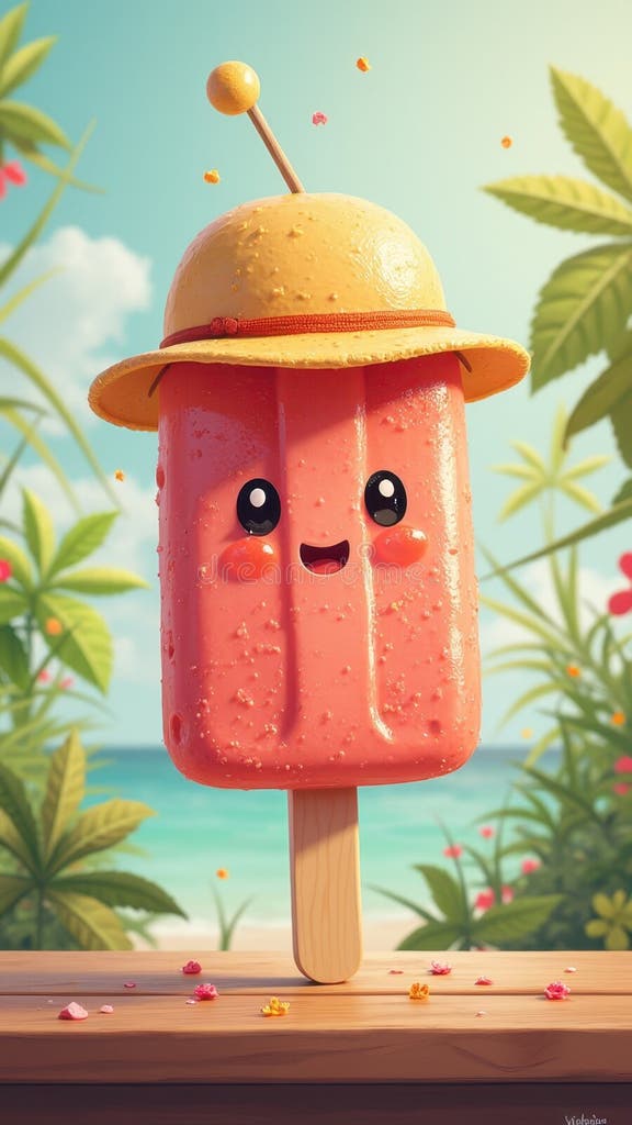 Cute Pink Popsicle with Hat on Tropical Beach with Smiling Face Stock ...
