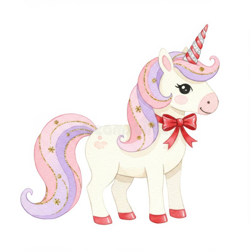 Cute Pink and Purple Glitter Unicorn with Red Bow Stock Illustration - Illustration of kawaii ...