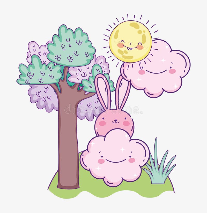 Cute Pink Rabbit Cartoon Clouds Sunny Day Tree Stock Vector ...