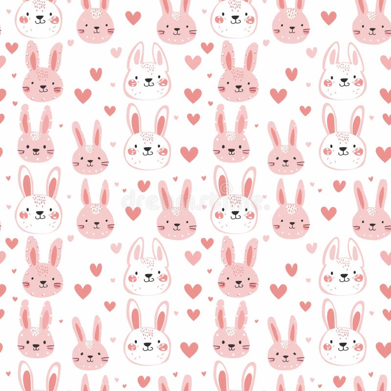 Cute Pink Rabbit Faces and Hearts, Seamless Pattern, Generated AI Stock ...