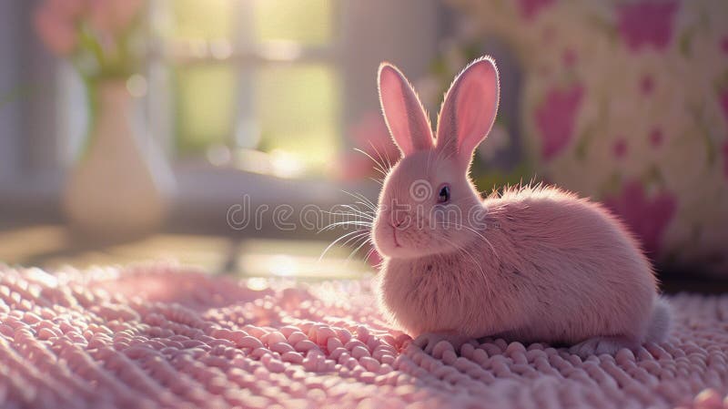 Cute Pink Rabbit Sititng on Mat . Generative Ai Stock Illustration ...