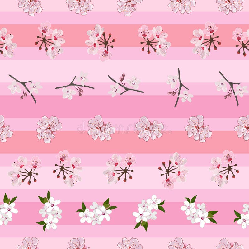 Cute Pink Repeat Pattern with Sakura Flowers on Stripes Stock Vector ...