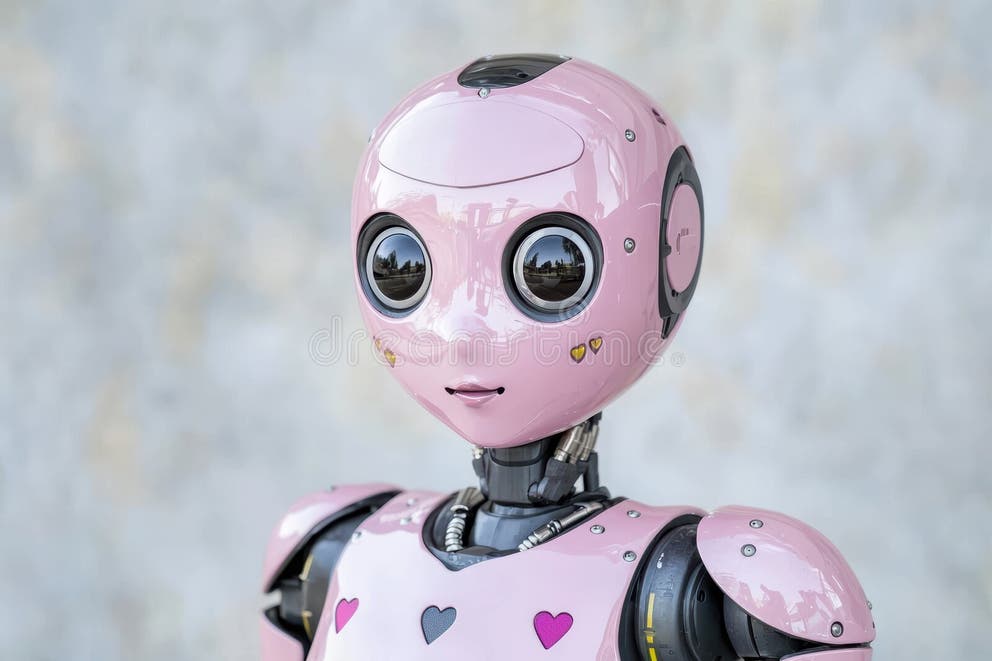 Cute Pink Robot with Large Eyes Stock Illustration - Illustration of ...
