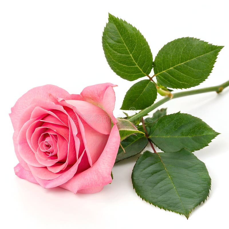 Cute Pink Rose with Leaf Isolated on White Background Stock ...