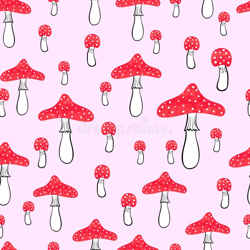 Cute Pink Seamless Pattern with Watercolor Mushrooms. Stock Vector ...