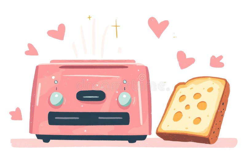 Cute Pink Toaster with Slice of Bread in a Whimsical Illustration on ...