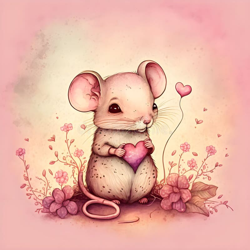 Cute Pink Valentines Love Mouse Whimsical Illustration Stock ...