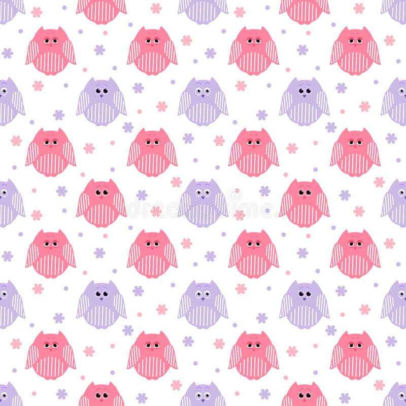 Cute Pink and Violet Owls with Flowers and Dots in the Background Stock ...