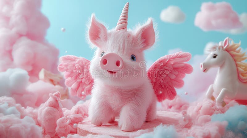 Cute Pink Winged Pig Unicorn in a Dreamy Cloud Fantasy Setting. Stock ...
