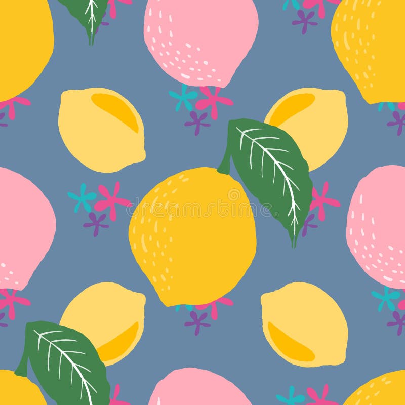 Cute Pink Yellow Lemons Seamless Pattern Design on Blue Stock Vector ...
