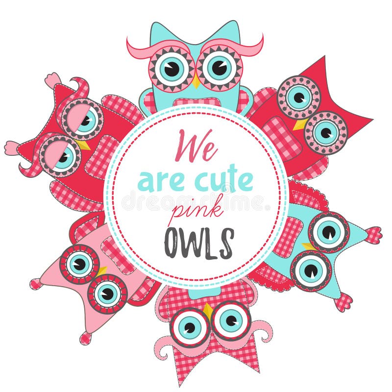 Cute Pinl Owls Vector Set As Text Border Stock Vector - Illustration of ...
