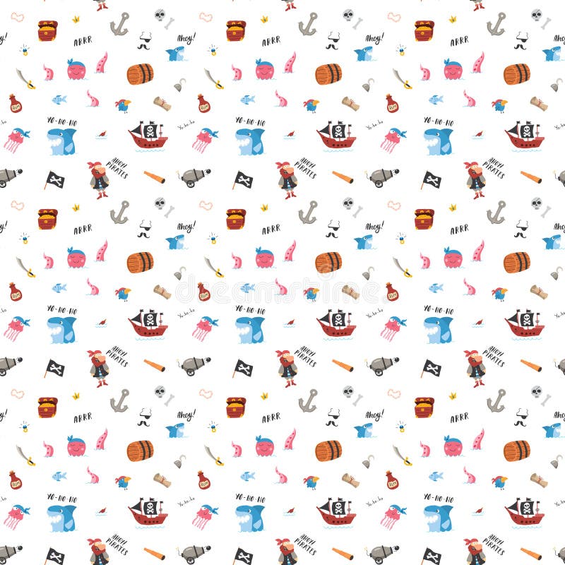 Cute Pirate Elements Seamless Pattern. Cartoon Items Pirate and Objects ...
