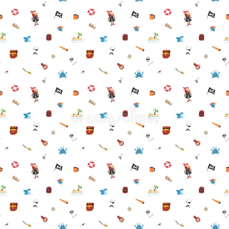 Cute Pirate Elements Seamless Pattern. Cartoon Items Pirate and Objects ...