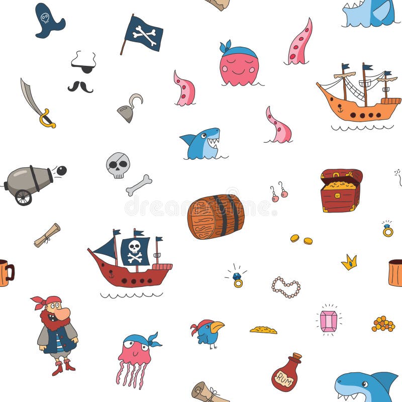 Cute Pirate Elements Seamless Pattern. Cartoon Items Pirate and Objects ...