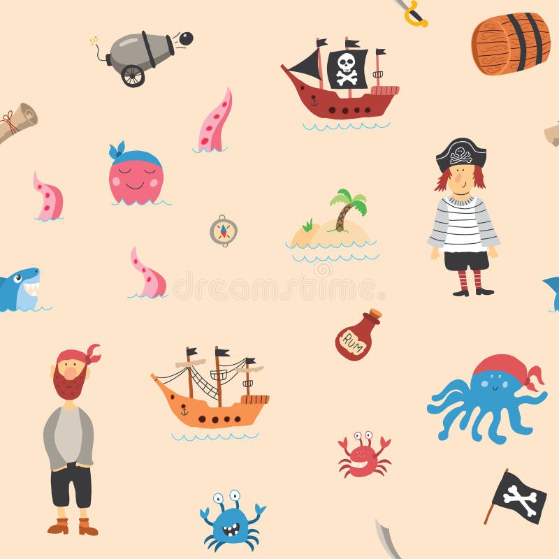 Cute Pirate Elements Seamless Pattern. Cartoon Items Pirate and Objects. Background Stock Vector ...