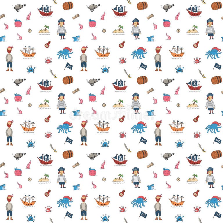 Cute Pirate Elements Seamless Pattern. Cartoon Items Pirate and Objects ...