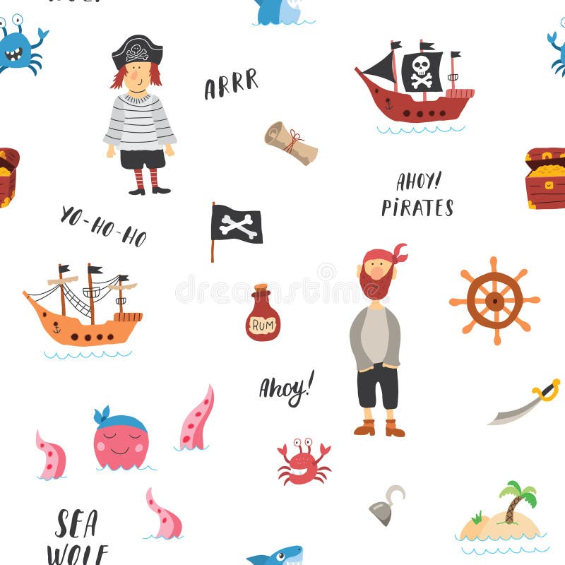 Cute Pirate Elements Seamless Pattern. Cartoon Items Pirate and Objects ...