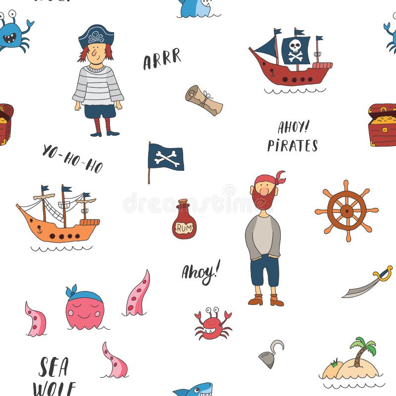 Cute Pirate Elements Seamless Pattern. Cartoon Items Pirate and Objects ...