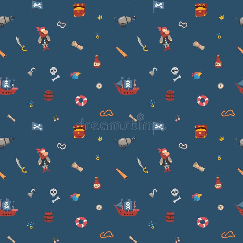 Cute Pirate Elements Seamless Pattern. Cartoon Items Pirate and Objects. Background Stock Vector ...