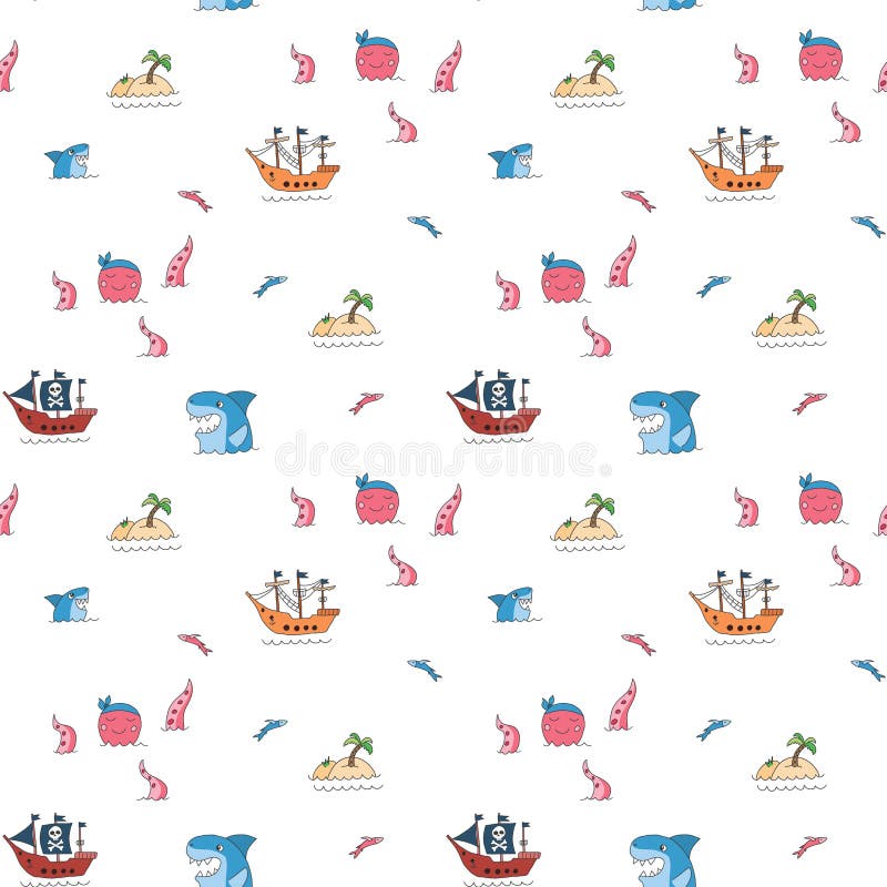 Cute Pirate Elements Seamless Pattern. Cartoon Items Pirate and Objects ...