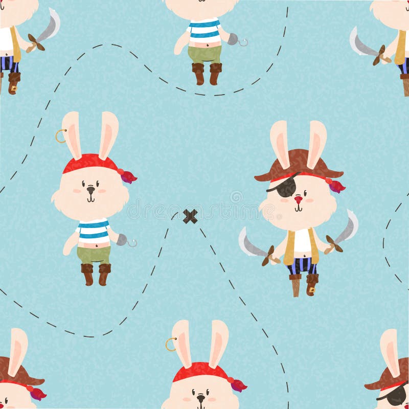 Cute Pirate Rabbits Seamless Pattern. Treasure Map Lines Stock Vector ...