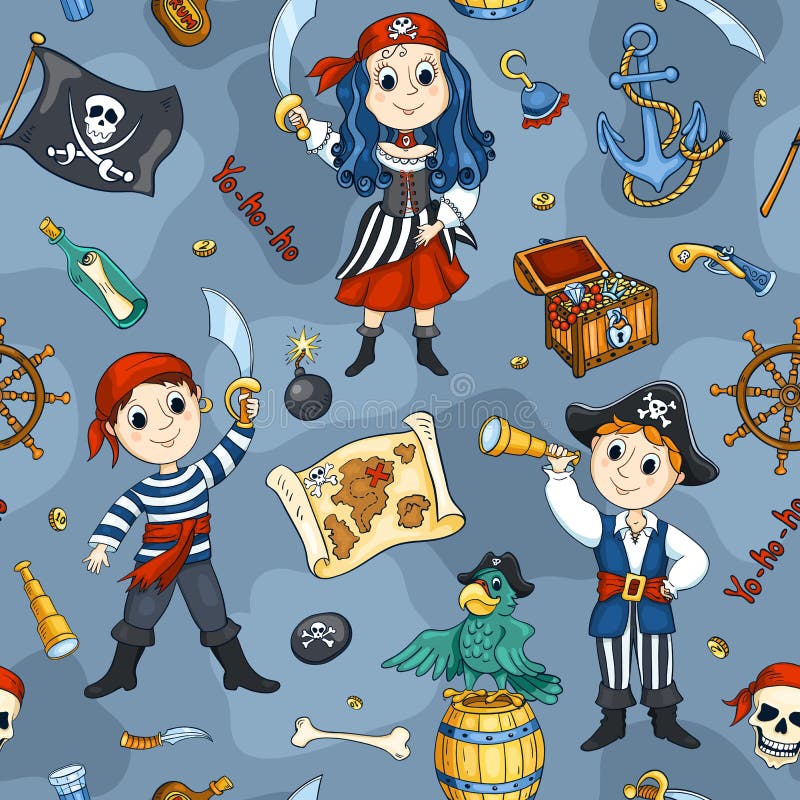 Cute Pirates Blue Seamless Pattern Stock Vector - Illustration of ...