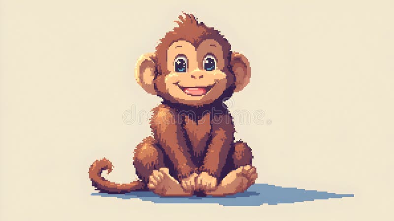 Cute Pixel Art Monkey Sitting Cheerfully with Big Eyes and Fluffy Tail ...