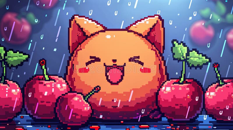 Cute Pixel Fox with Apples in the Rain. Vector Illustration 8 Bit Stock ...