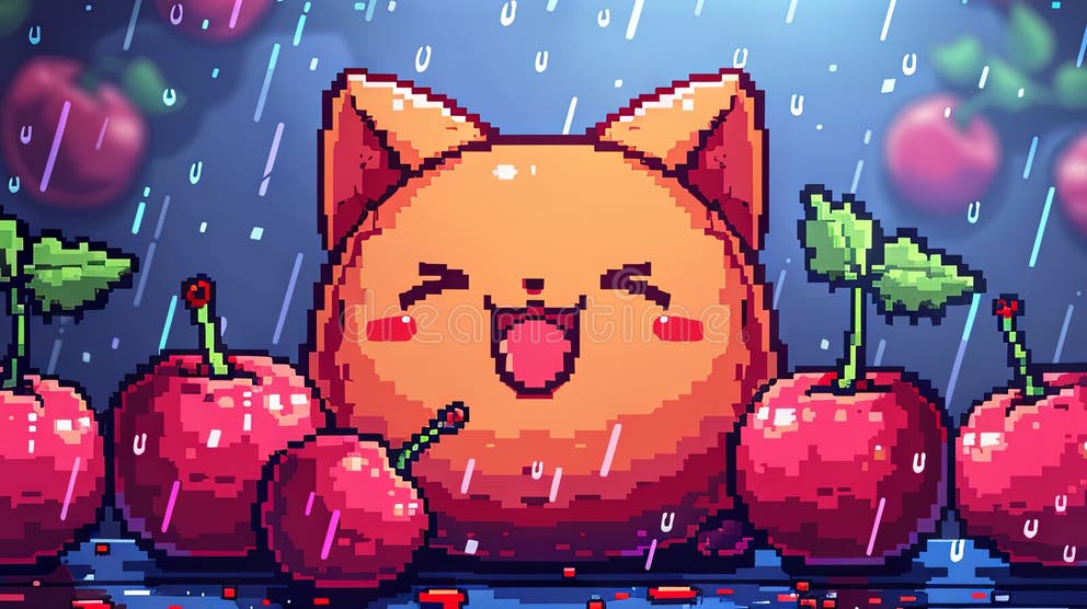 Cute Pixel Fox with Apples in the Rain. Vector Illustration 8 Bit Stock ...