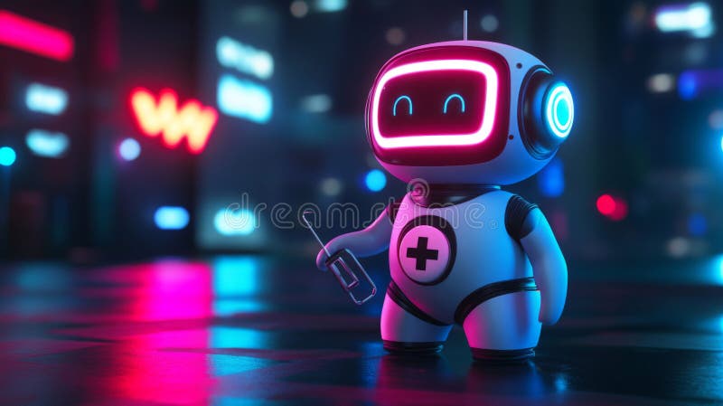 Cute Pixel Robot Doctor in Neon City at Night Stock Illustration ...