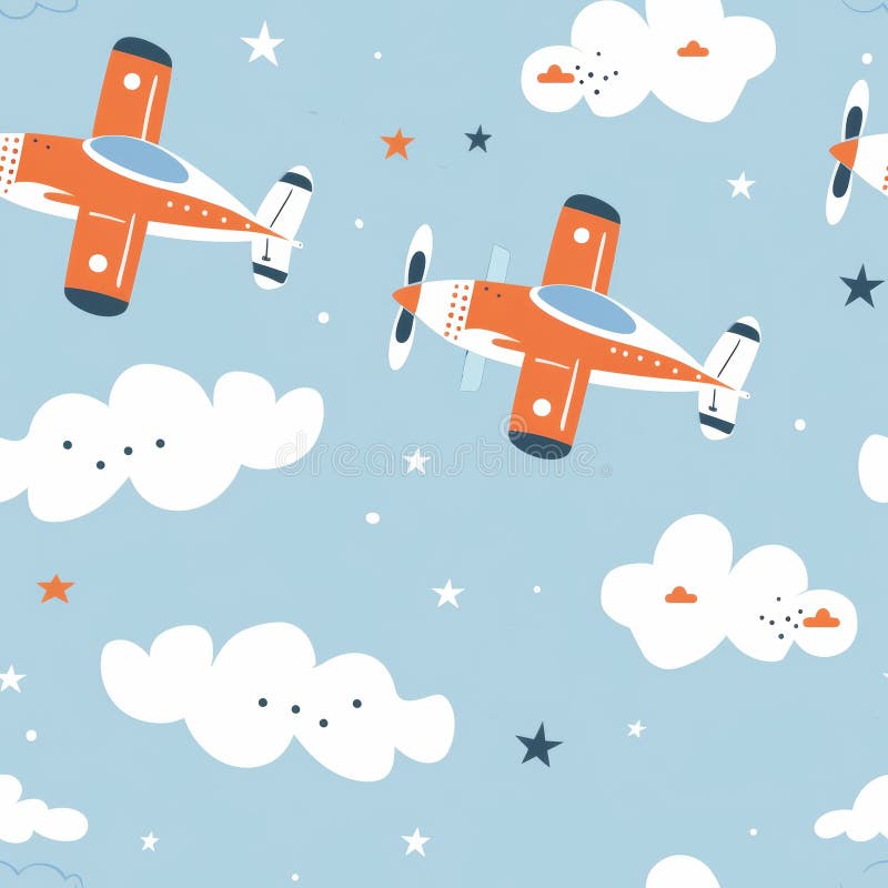 A Cute Planes and Clouds, Seamless Pattern. Cartoon Tileble Kids ...