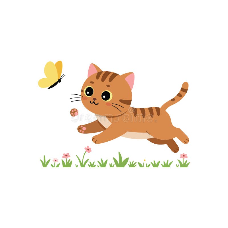 Cute Playful Cat Chasing Butterfly in Flat Vector Illustration Stock ...