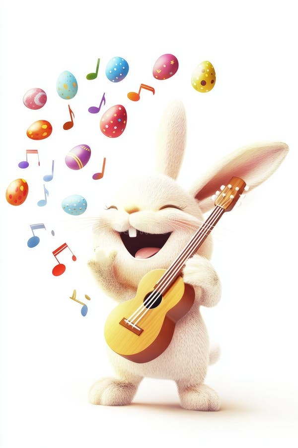 Cute Playful Easter Bunny Playing Tiny Ukulele Musical Notes Forming ...