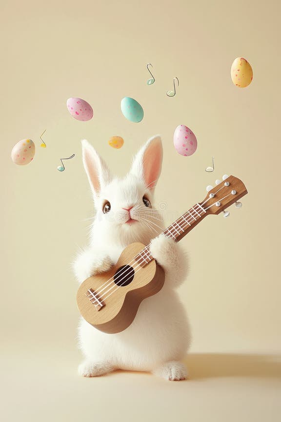A Cute and Playful Easter Bunny Playing a Tiny Ukulele, with Tiny ...