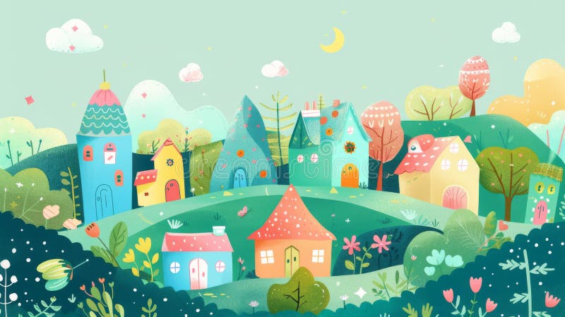 Cute and Playful Flat Lay Hand-drawn Cartoon Scene. Stock Illustration ...