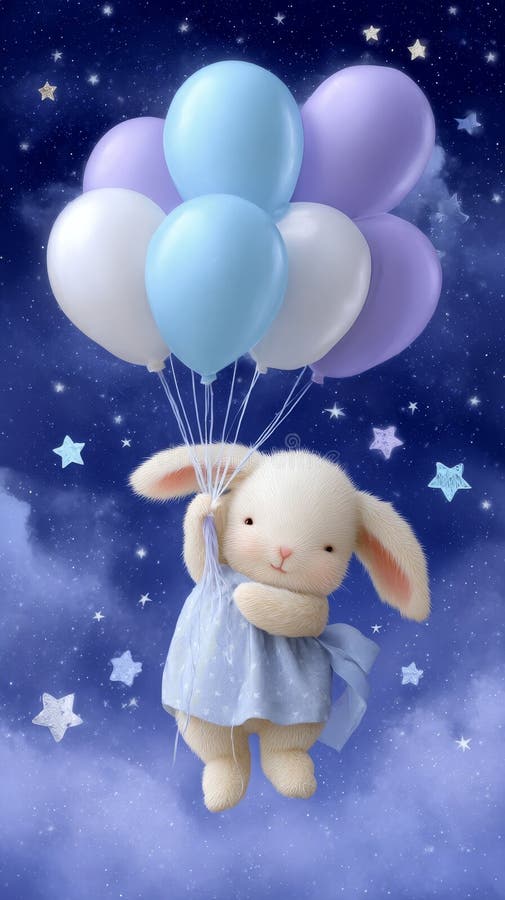 Cute Plush Bunny Flying with Balloons in Starry Night Sky Stock Photo ...