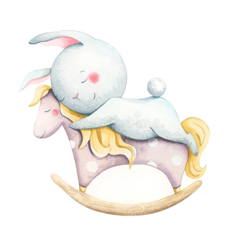 Cute Plush Bunny Riding a Hand Drawn Rocking Horse. Stock Illustration ...