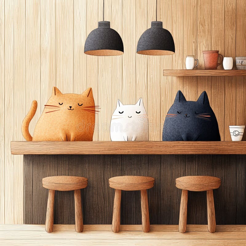 Cute Plush Cats on a Wooden Bar Counter Stock Illustration ...