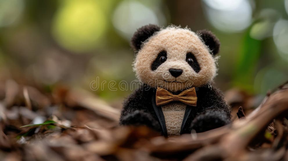 Cute Plush Panda with Bow Tie in Forest Setting. National Panda Day ...