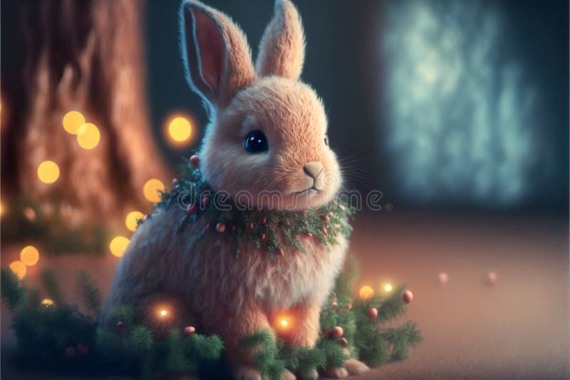 A Cute Plush Rabbit Toy Sits Under a Tree Surrounded by Christmas Tree ...