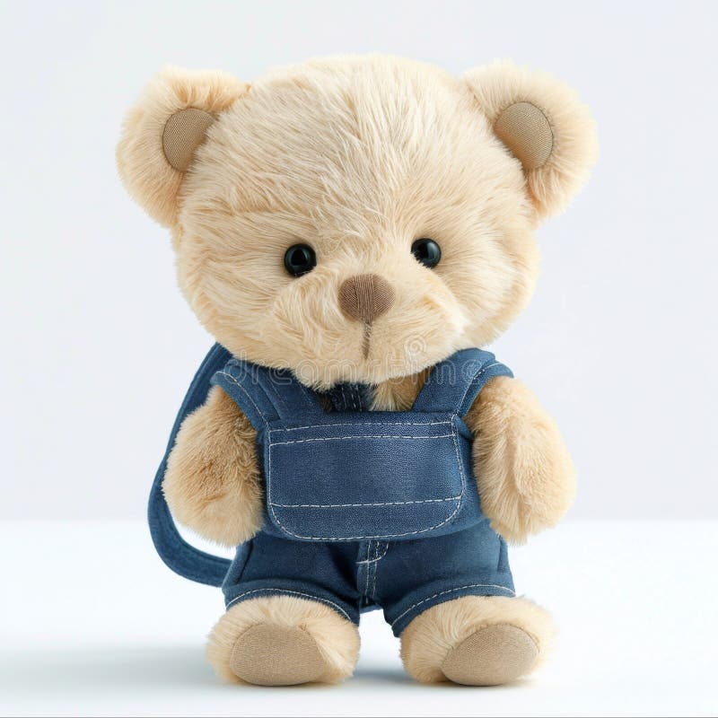 Cute Plush Teddy Bear in Denim Overalls Against White Background Stock ...